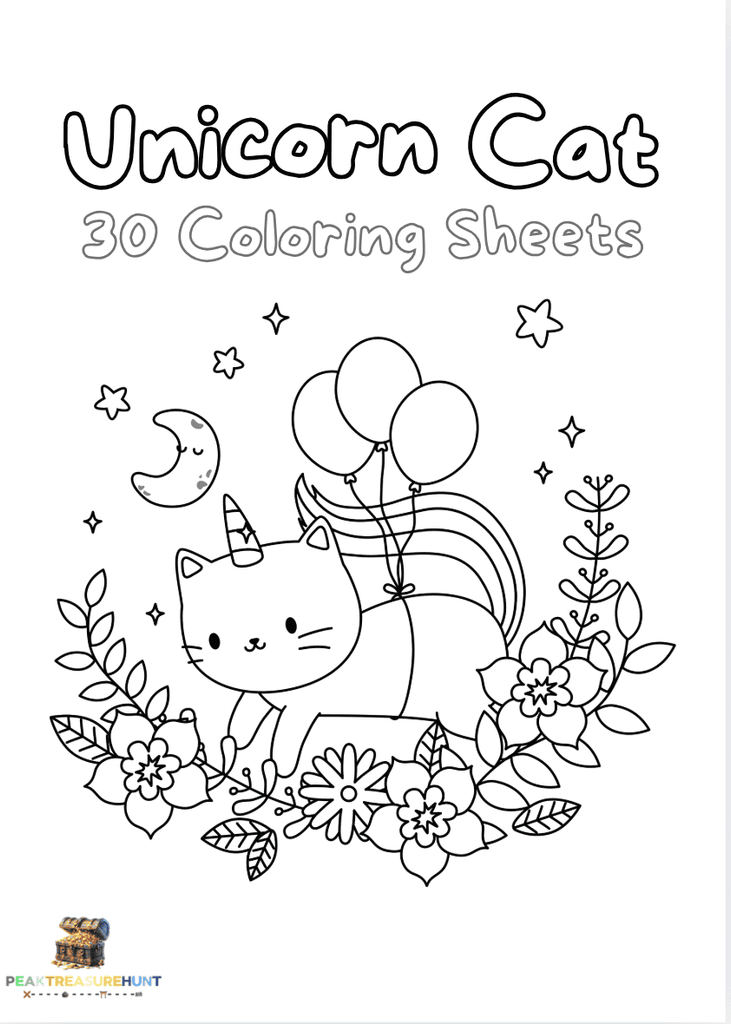 Unicorn Cat Coloring Sheets for Kids - 30 Printable Pages – Scavenger Hunt