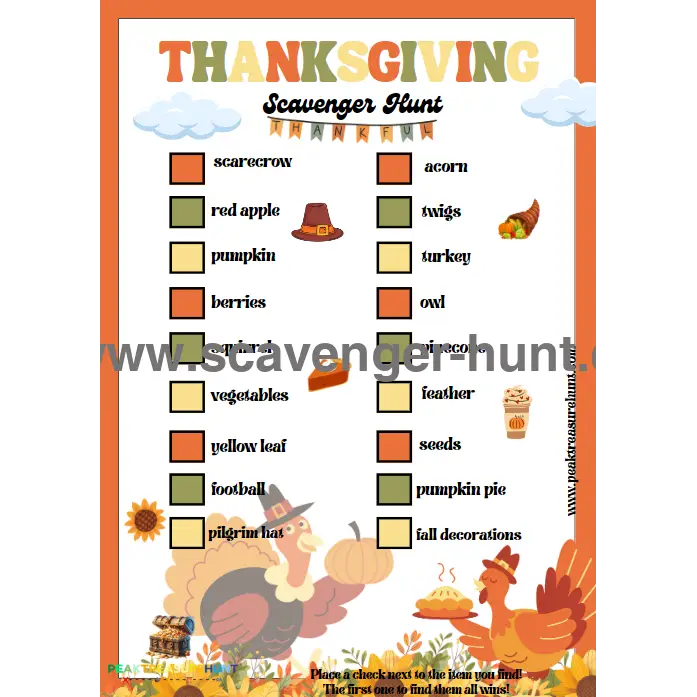 Free Printable Thanksgiving Scavenger Hunt For Kids - Peaktreasurehunt