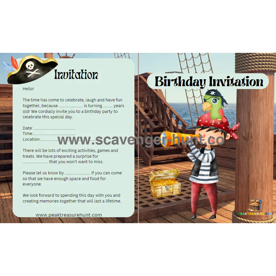 Pirate Children´s Birthday Invitation Card – Scavenger Hunt