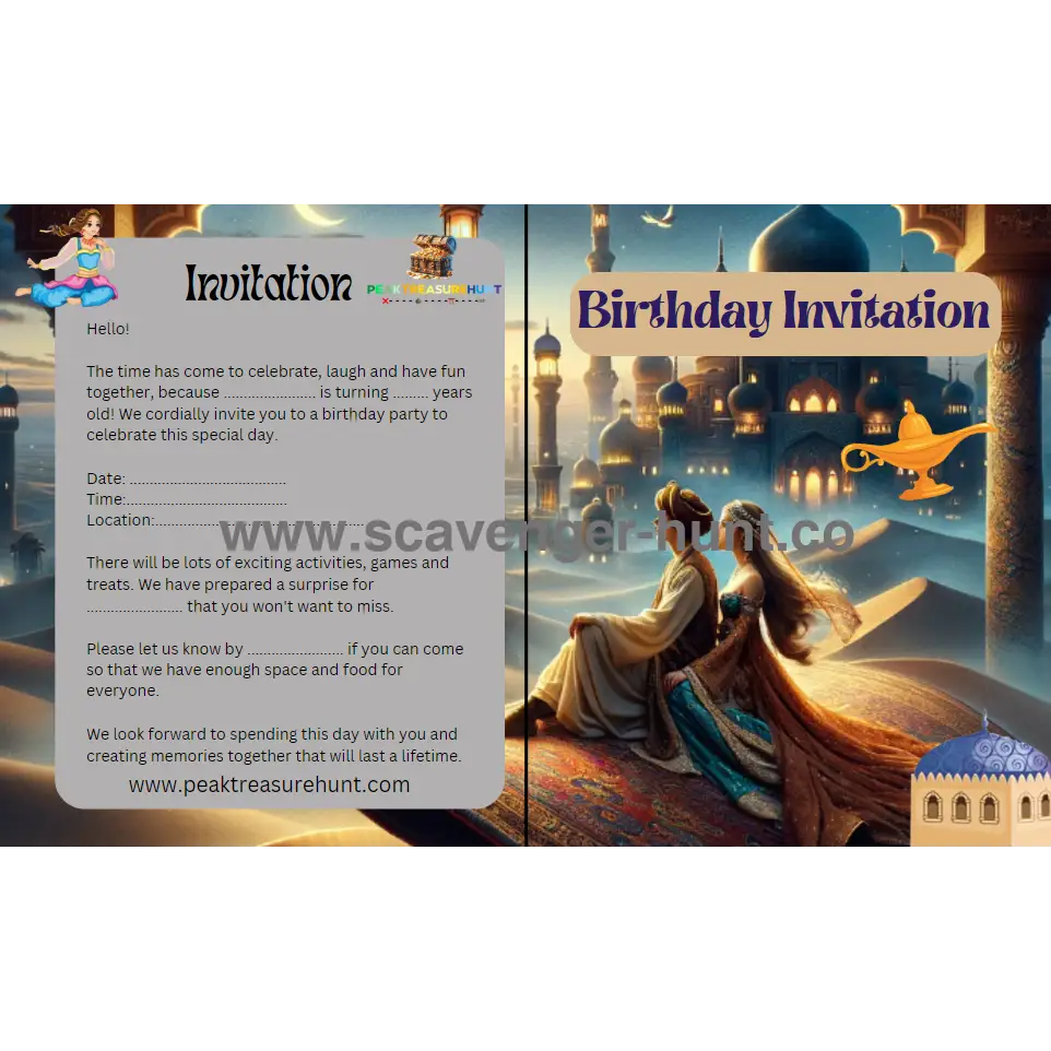 Aladdin Children´s Birthday Invitation Card Template – Scavenger Hunt