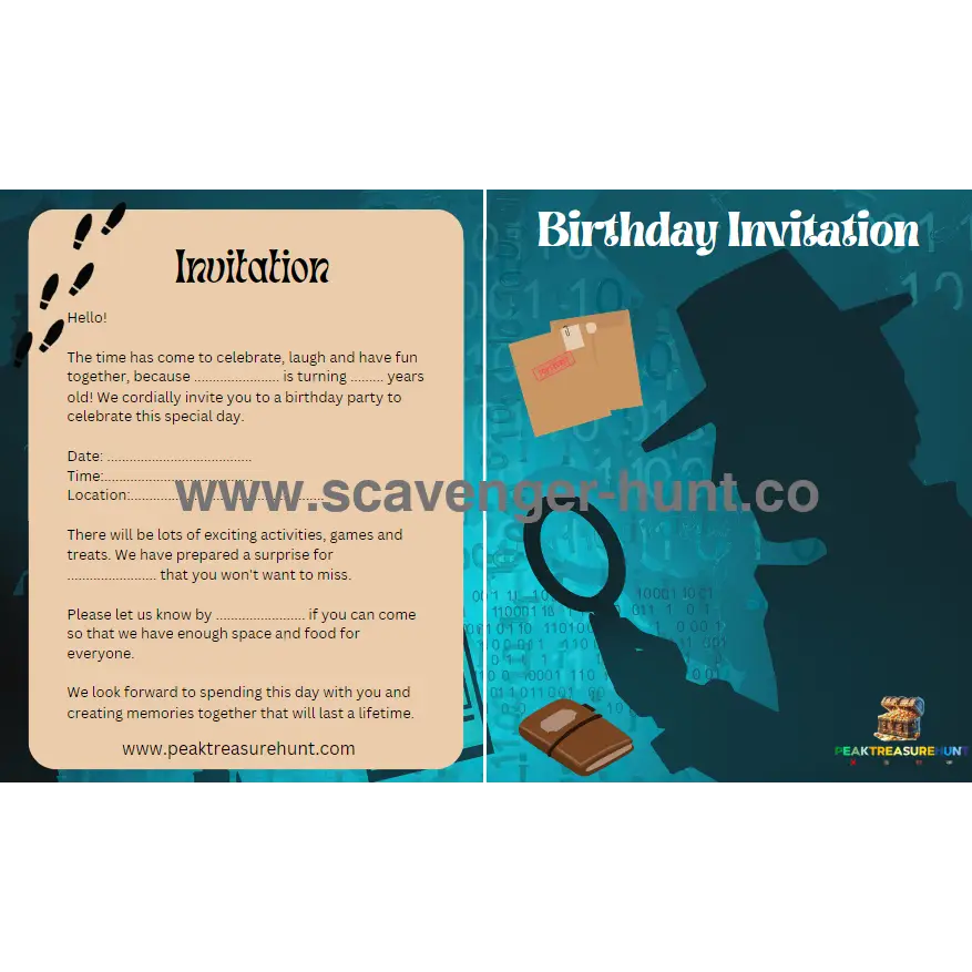 Detective Children´s Birthday Invitation Card Template – Scavenger Hunt