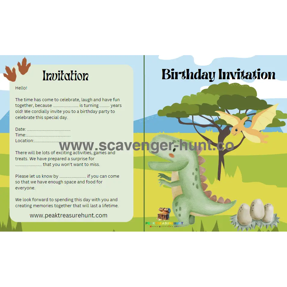 Dinosaur Children´s Birthday Invitation Card Template – Scavenger Hunt