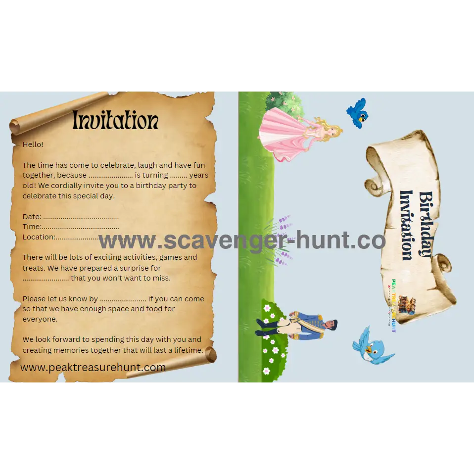 Fairytale Children´s Birthday Invitation Card Template – Scavenger Hunt