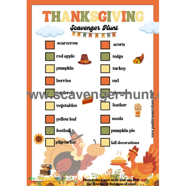 Free Printable Thanksgiving Scavenger Hunt For Kids - Peaktreasurehunt