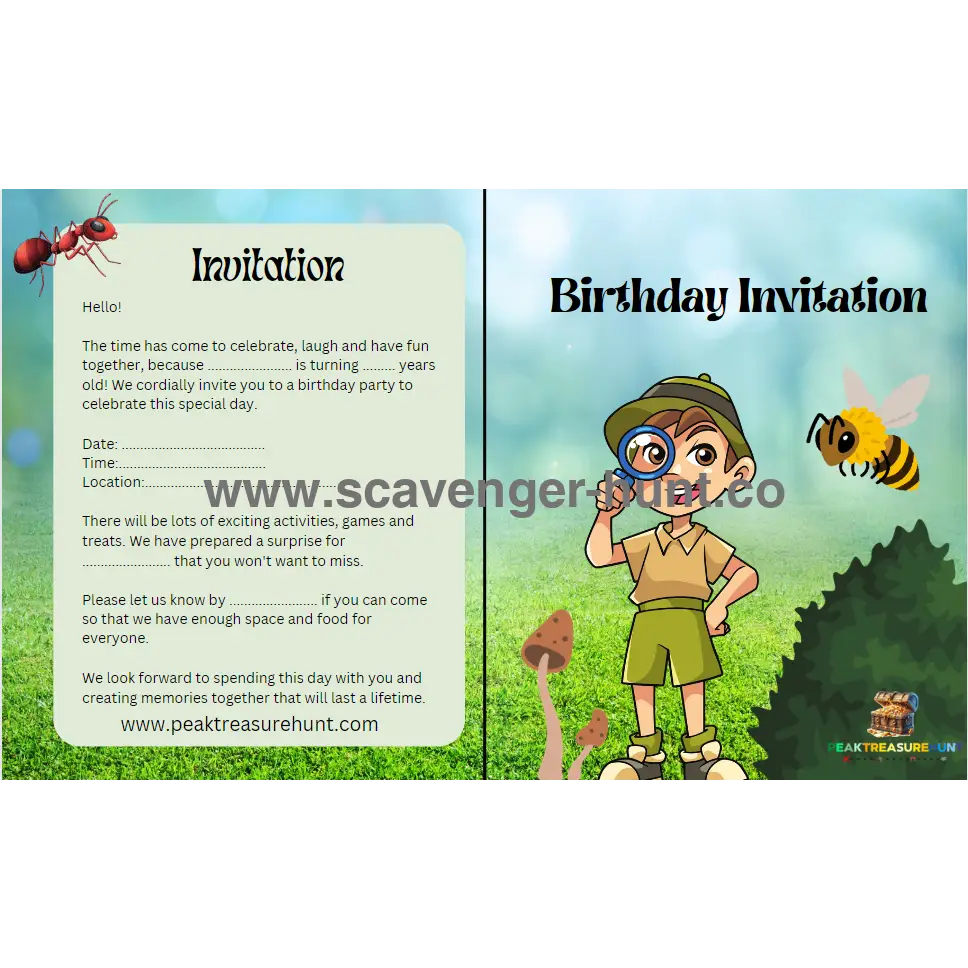 Nature Children´s Birthday Invitation Card Template – Scavenger Hunt