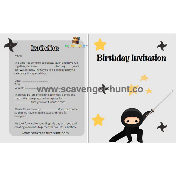 Ninja Children´s Birthday Invitation Card Template – Scavenger Hunt