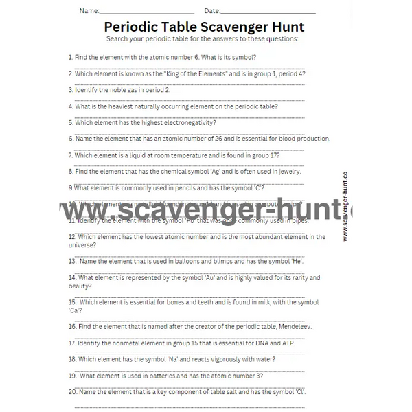 Periodic Table Scavenger Hunt - Printable Scavenger Hunt With Answers