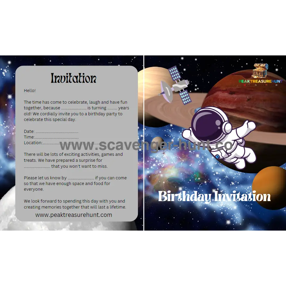 Space Children´s Birthday Invitation Card – Scavenger Hunt