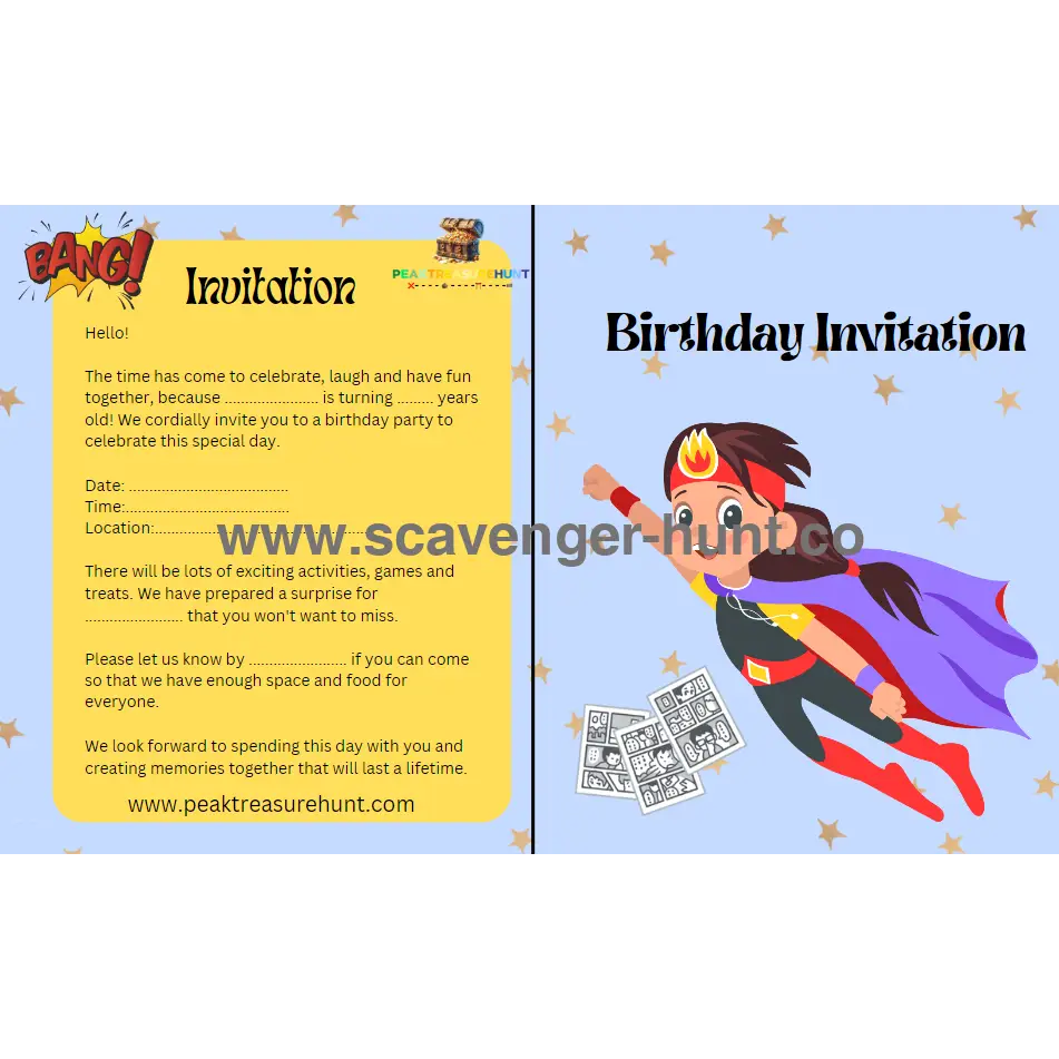Superhero Children´s Birthday Invitation Card Template – Scavenger Hunt