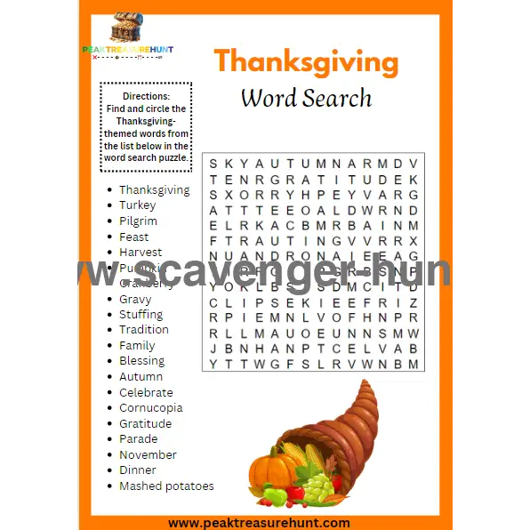 Thanksgiving Word Search - Peaktreasurehunt – Scavenger Hunt